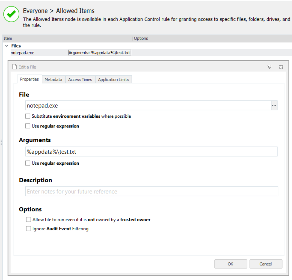 Application Control File Rule Arguments Do Not Match Environment Variables