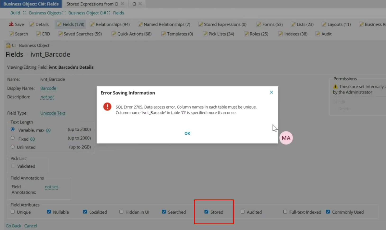 ivnt_Barcode Field Can't Be Saved 'Stored' Has Been Unchecked